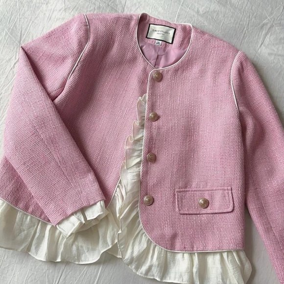 Jackets & Coats | Pinkbaby Pink Texture Contrasting Blazer Gold Buttons ...